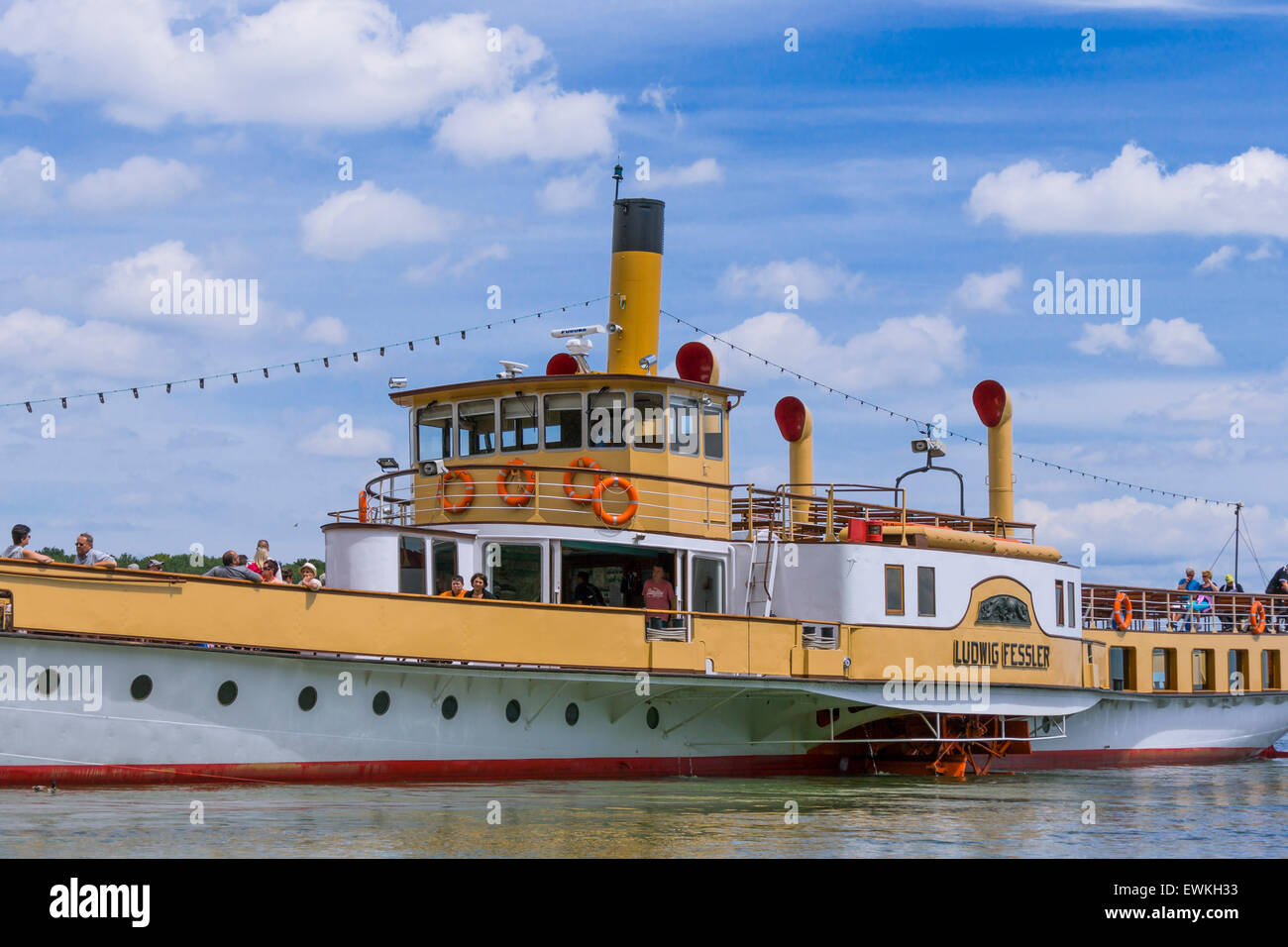 A steamboat at a landing stage on lake Chiemsee, Insel Herrenchiemsee ...