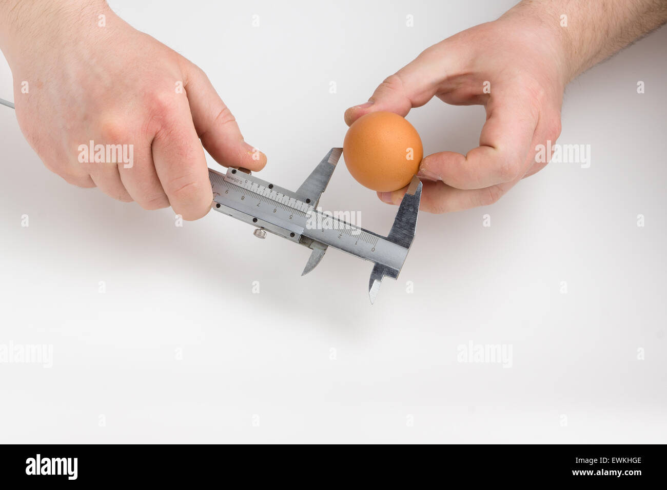 two hands with the measuring tool on a white background measure egg ...