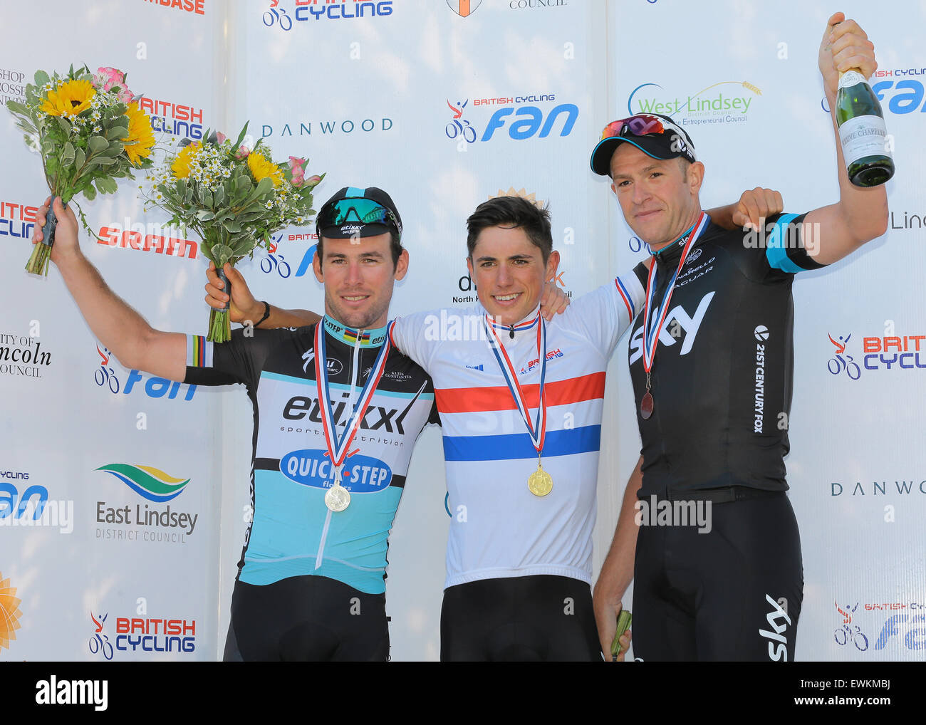 Lincoln, UK. 28th June, 2015. The podium, (L-R) Mark Cavendish MBE of ...