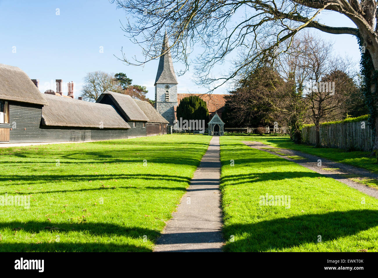 Ickham village in Kent, England. Path through grass, leading to the ...