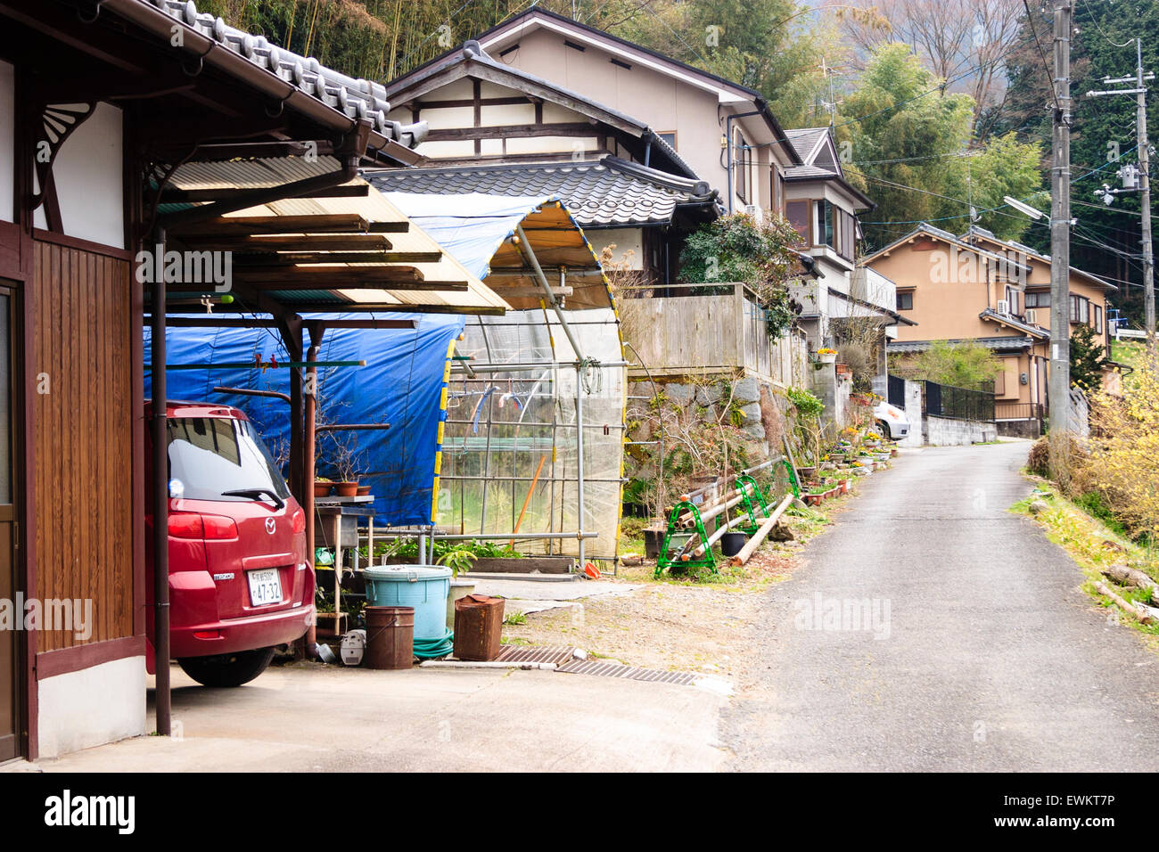 Japan, Kyoto, Ohara. Typical Japanese rural street, a narrow road ...