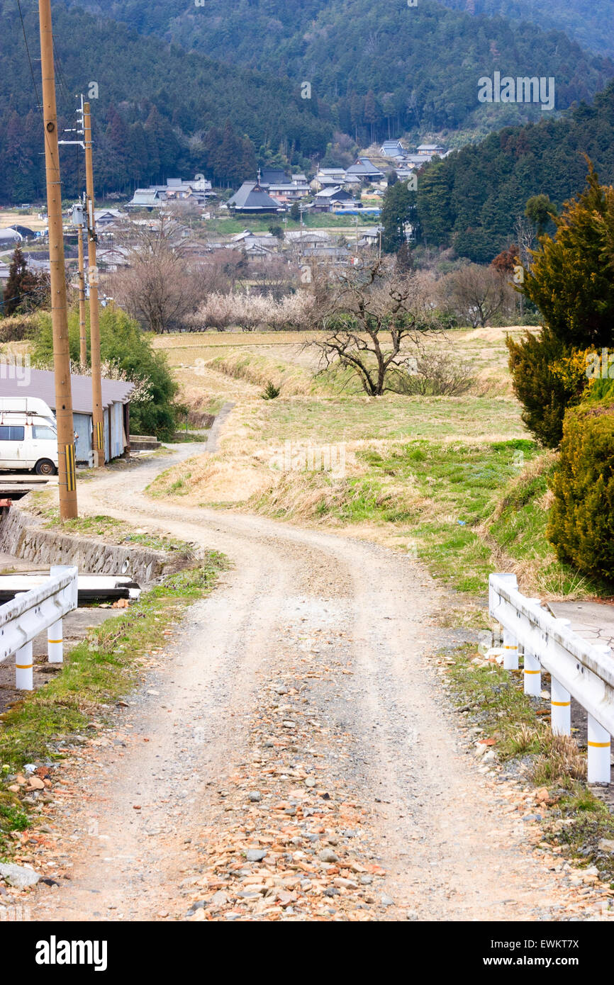 Japan, Kyoto, Ohara. Small unmade dirt road leading to farmland with ...