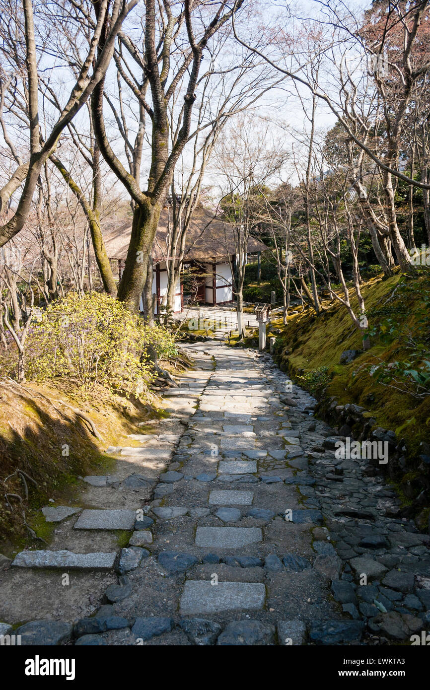 Stone paved footpath leading through embankment with trees on to a ...