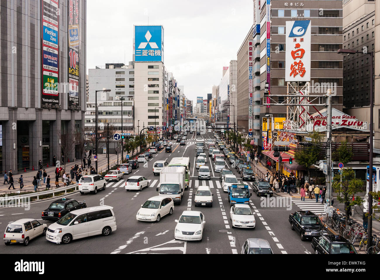 Overhead shot of main six lane road outside Yodobashi Cameras and the ...