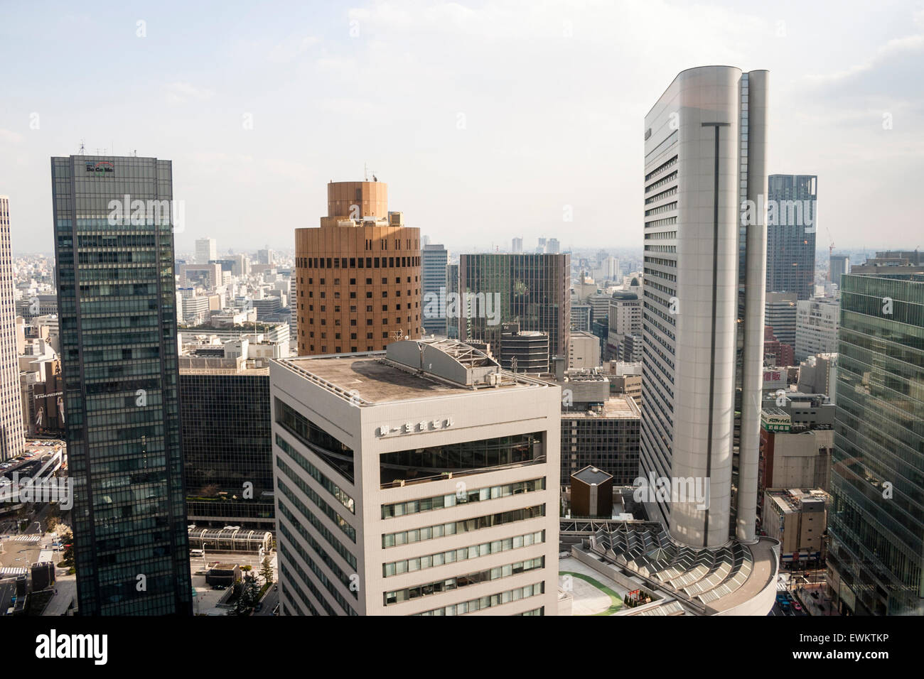 High angle shot taken from a high rise roof of the Osaka Cityscape with ...