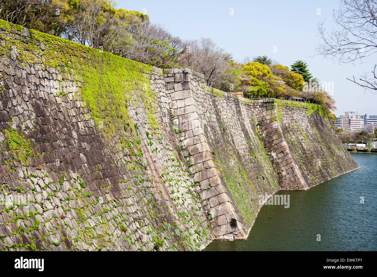 Osaka castle. High zig-zagging ishigaki stone walls of the ninomaru ...