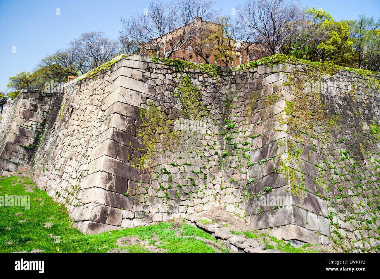 Osaka castle. High zig-zagging ishigaki stone walls of the ninomaru ...
