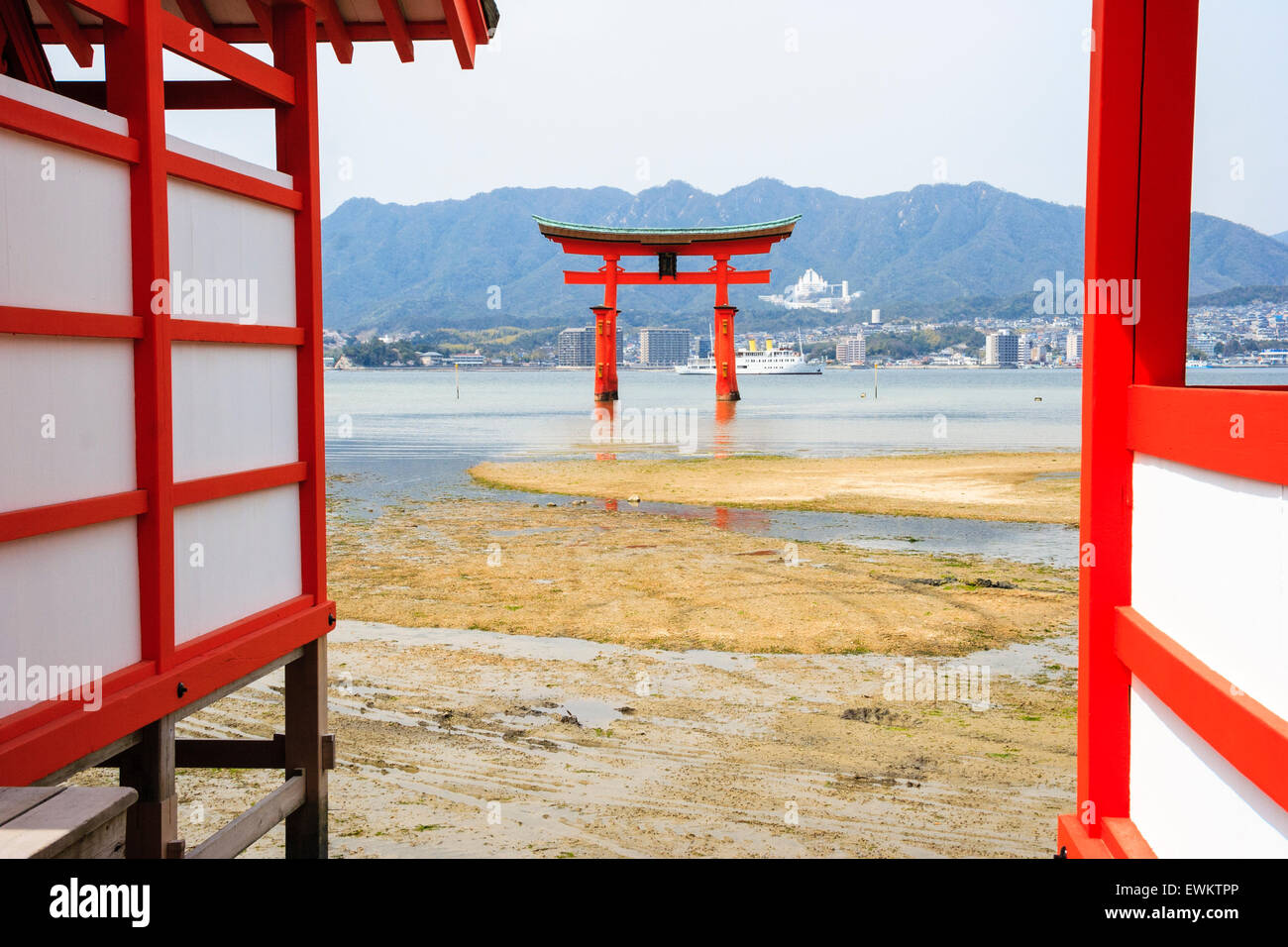 Japan, Miyajima Island. Famous iconic vermilion The Great Torii gate in ...