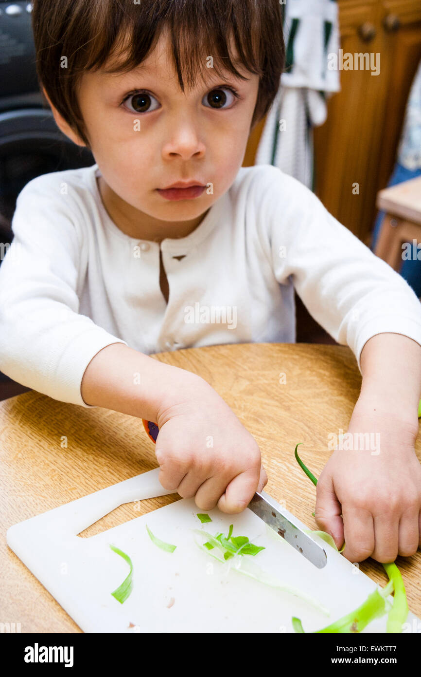 Caucasian child, boy, 4-5 year old, sitting indoors at kitchen table ...