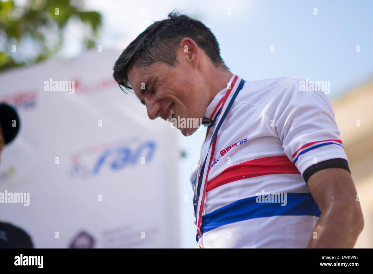 Lincoln, UK. 28th June, 2015. Race winner Peter Kennaugh (Team Sky) is ...