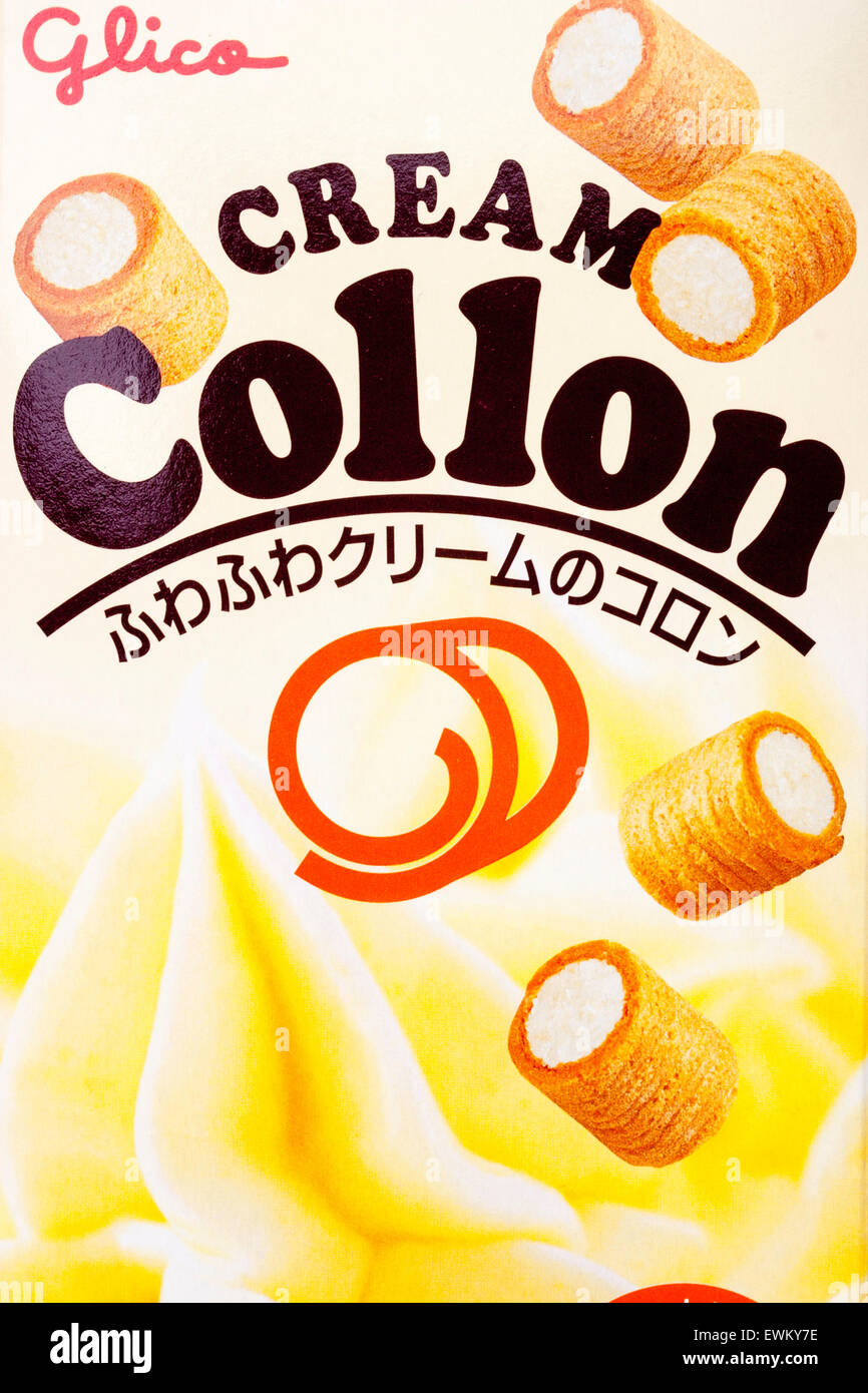 Close up of box of Japanese sweet biscuits, 'Cream Collon' manufactured ...