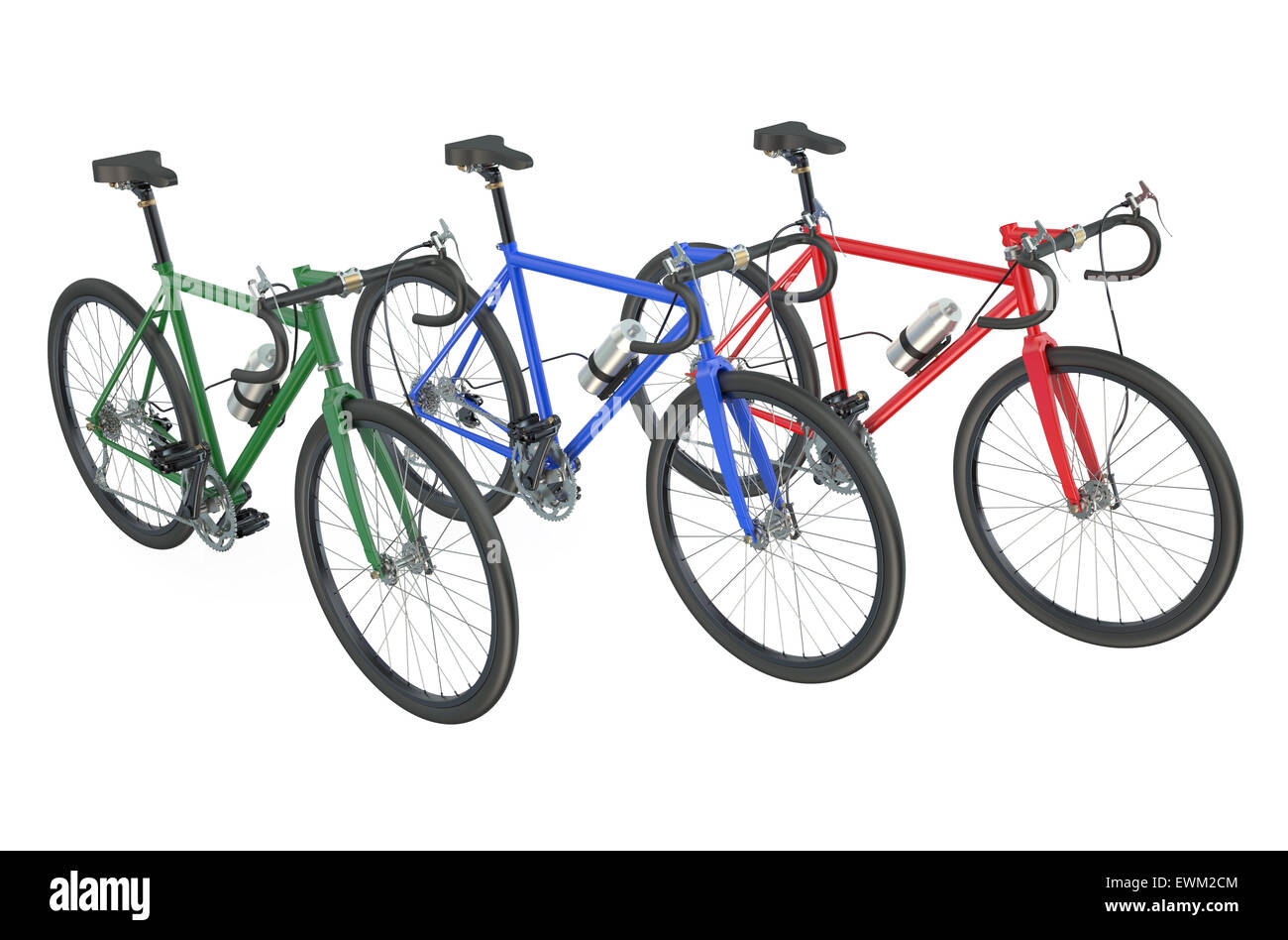 three colored bicycles closeup isolated on white background Stock Photo ...