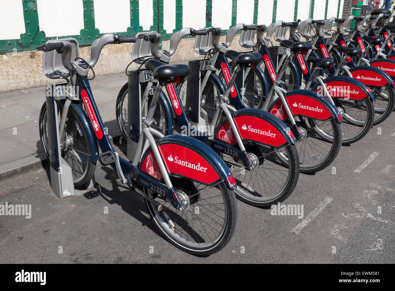 Santander Sponsored Boris Bikes For Hire in London Stock Photo - Alamy