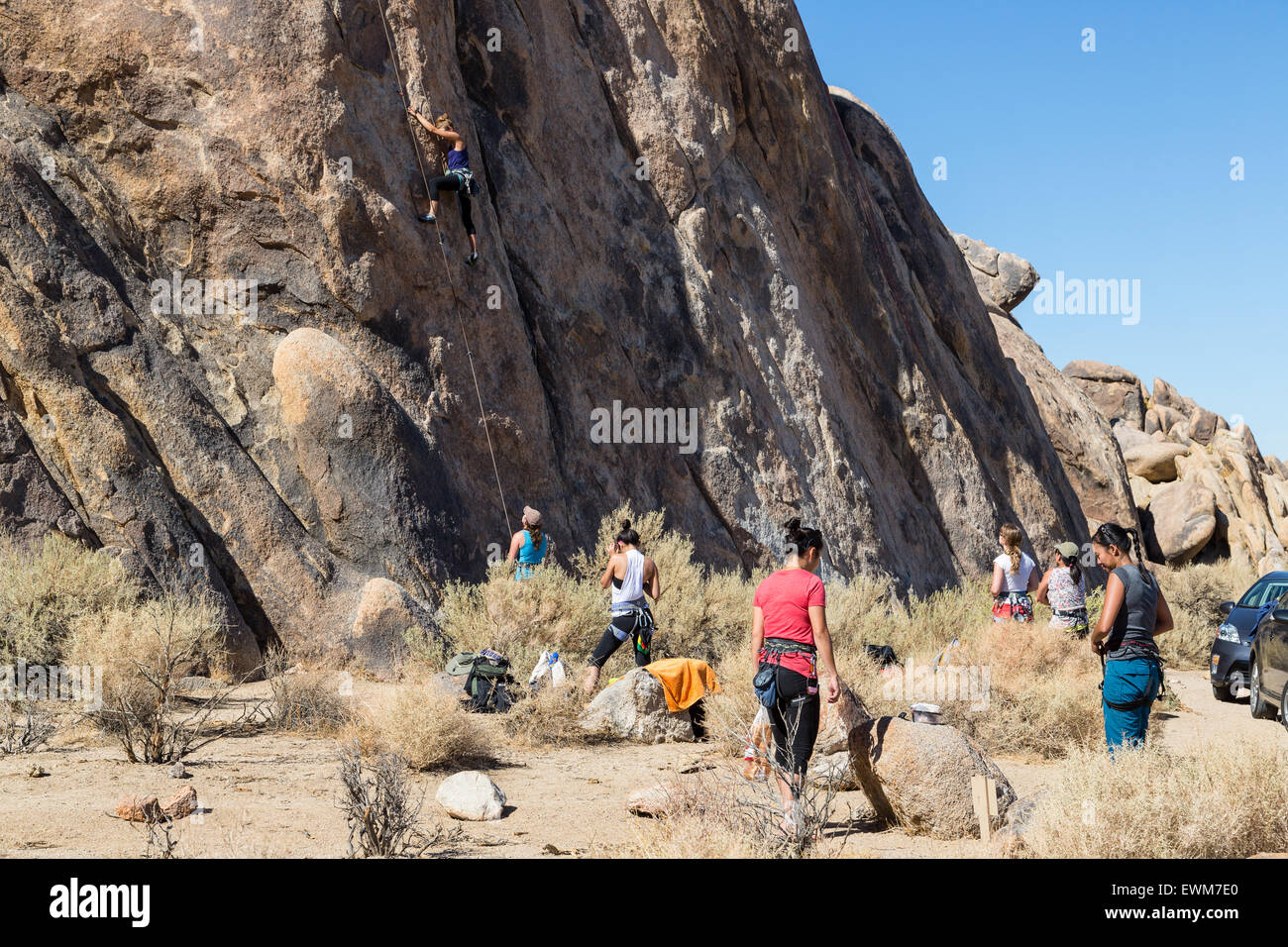 A group of women rock climbers has fun top roping in the Alabama Hills ...