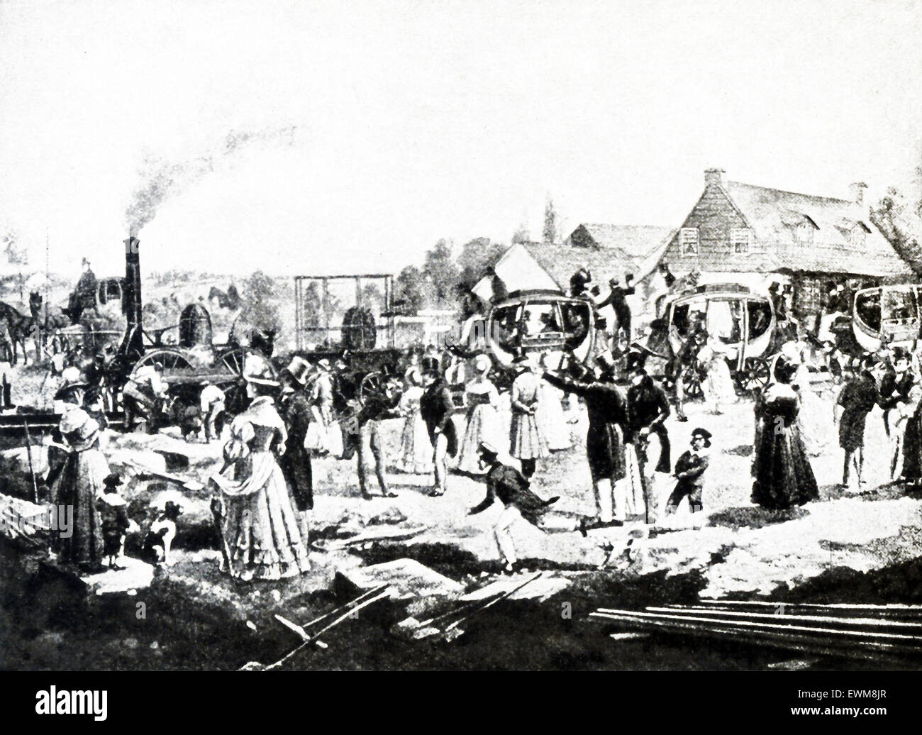 This illustration shows the first railroad train in England. All is ...