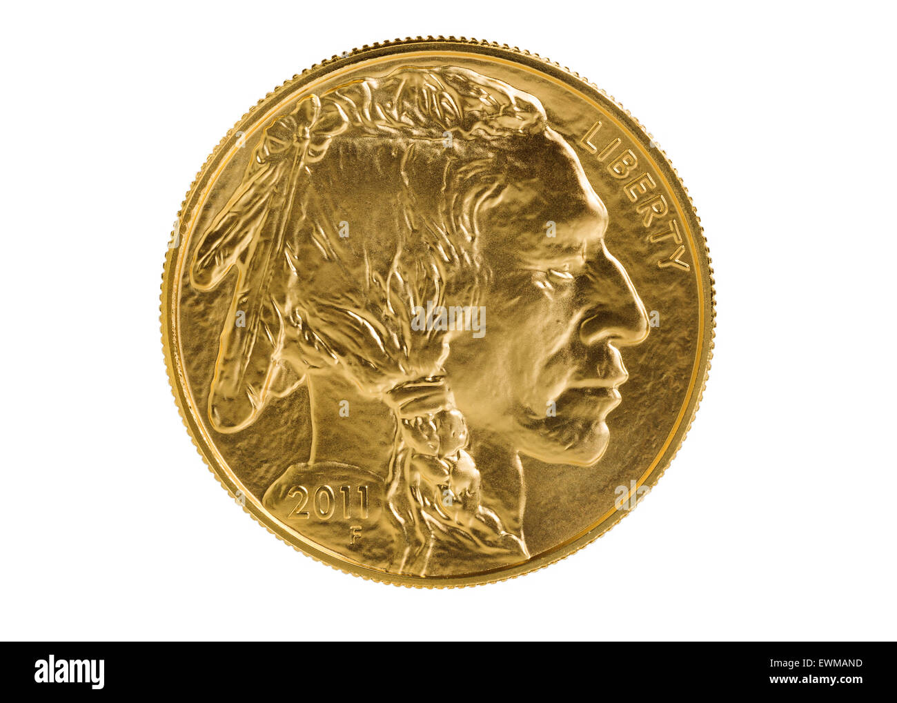 Obverse side of American Gold Buffalo coin, fine gold, isolated on pure ...
