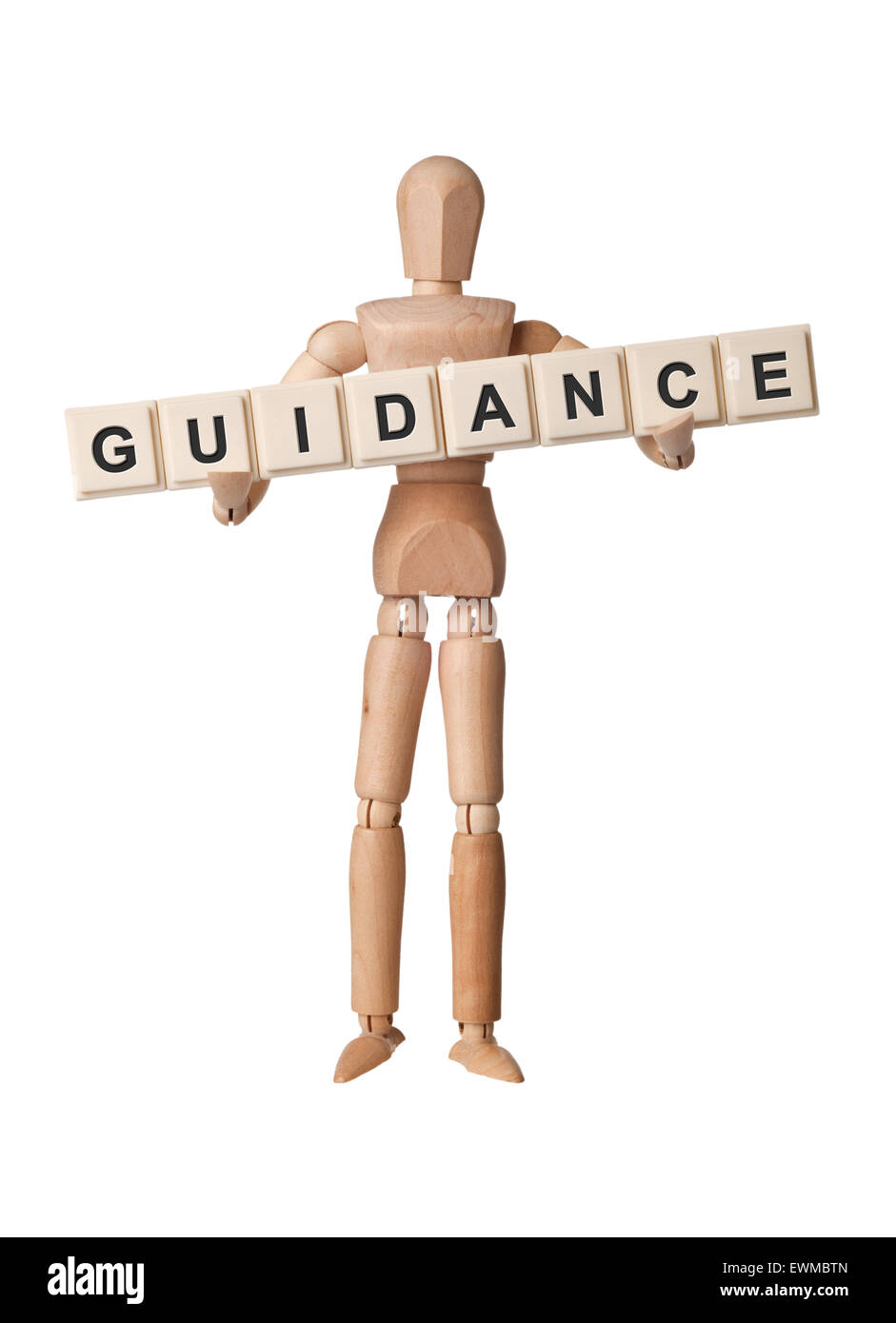 Wooden figurine with the word GUIDANCE isolated on white background ...
