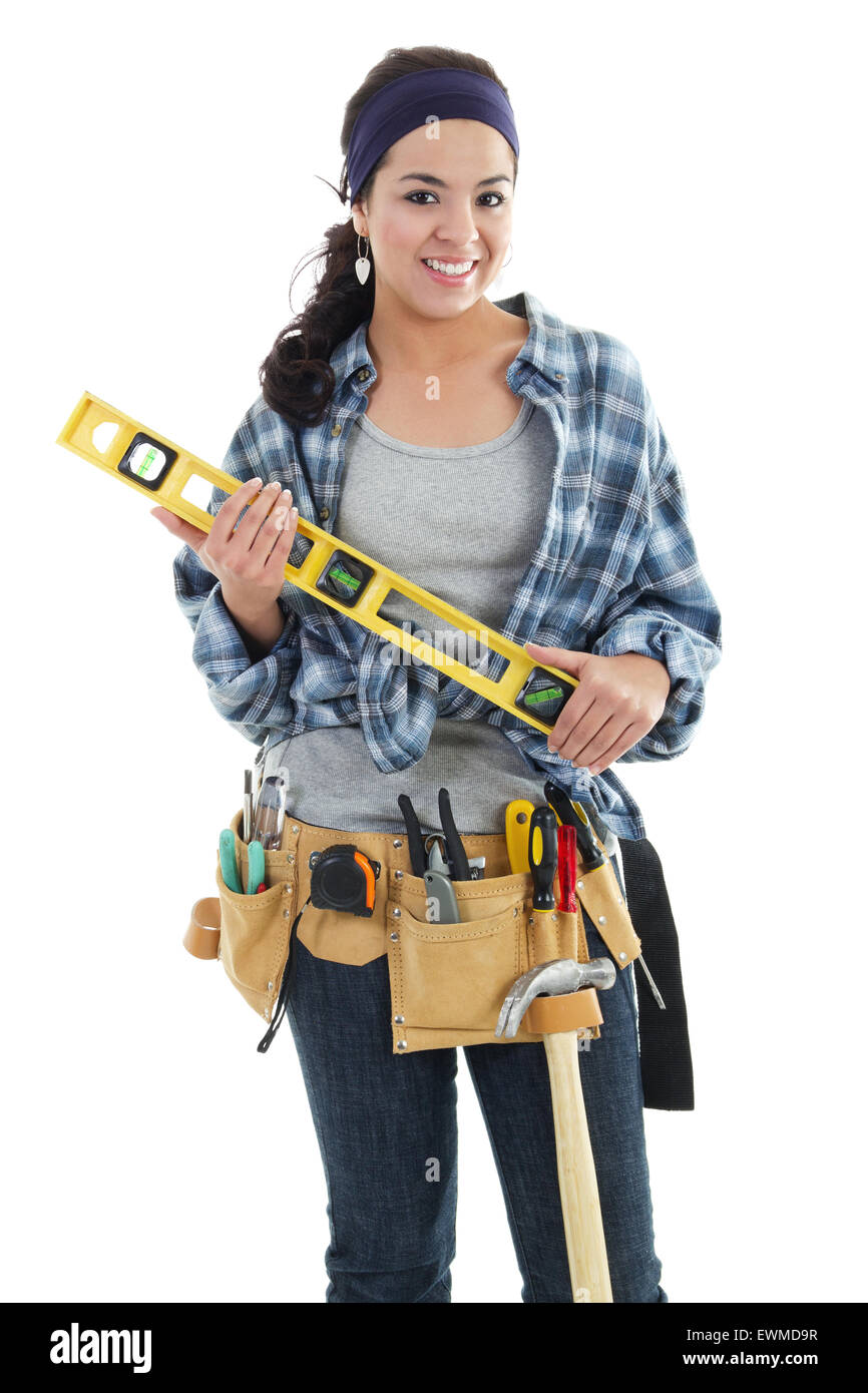 Stock image of handywoman isolated on white background Stock Photo - Alamy