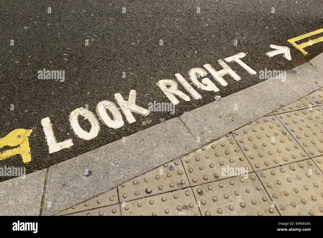 Look right lettering on road, reference to left-hand traffic, London ...