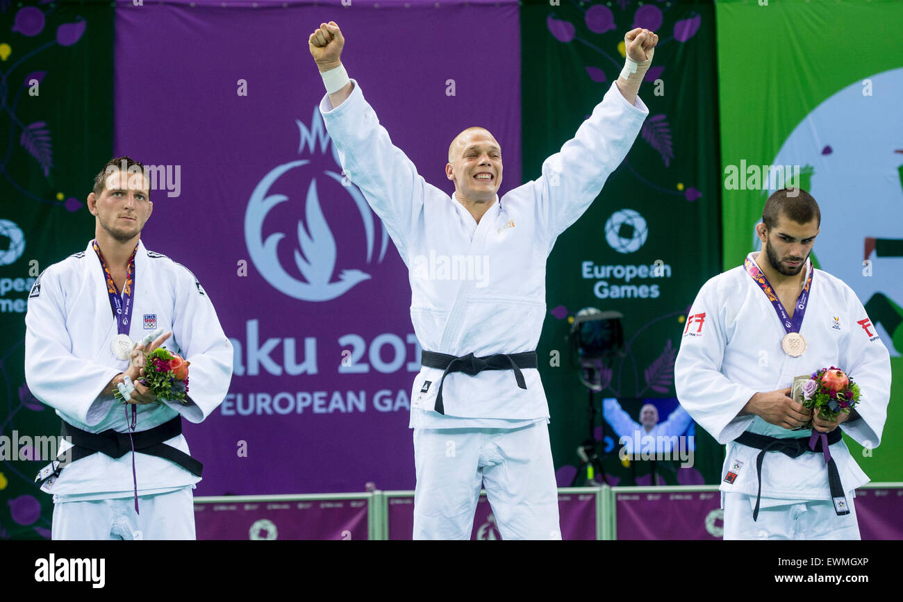 From left silver Lukas Krpalek from Czech Republic, winner Henk Grol ...