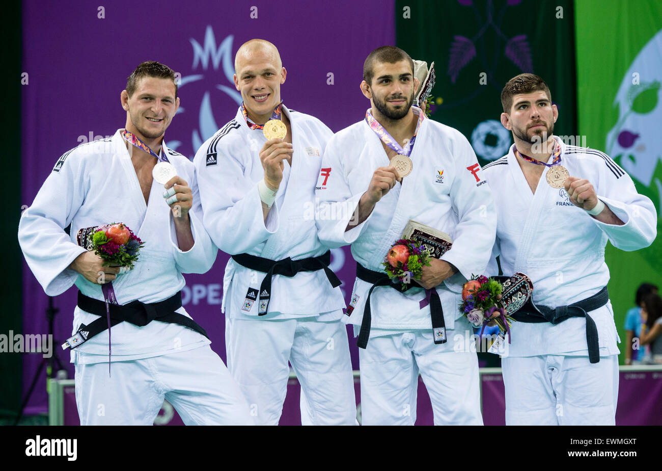 From left silver Lukas Krpalek from Czech Republic, winner Henk Grol ...