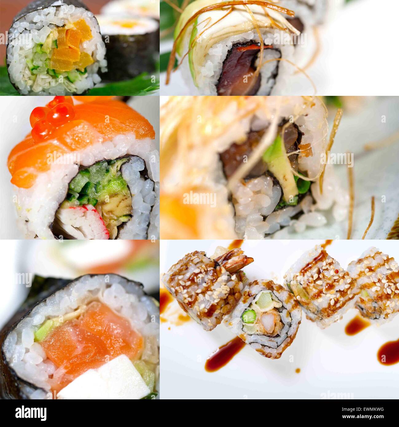 selection of many Japanese sushi dish collage over white frame Stock ...