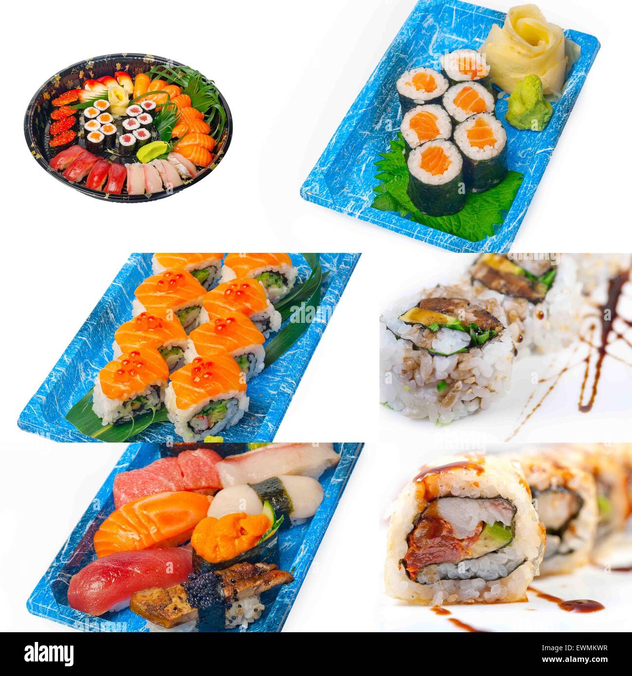 selection of many Japanese sushi dish collage over white frame Stock ...