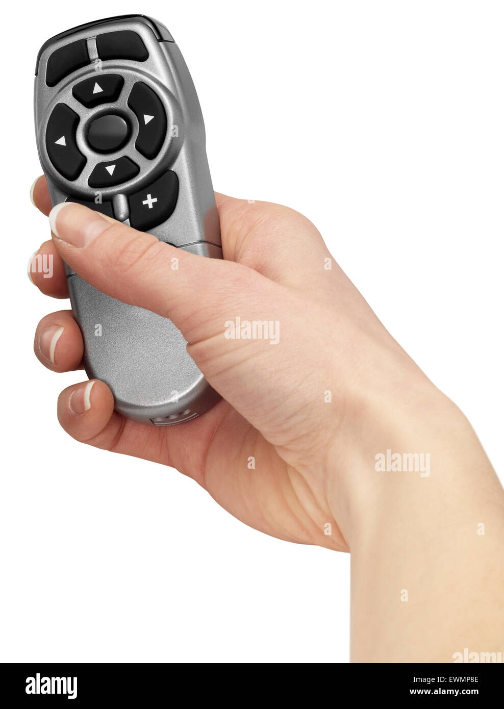 female hand holding a remote control in white back Stock Photo - Alamy