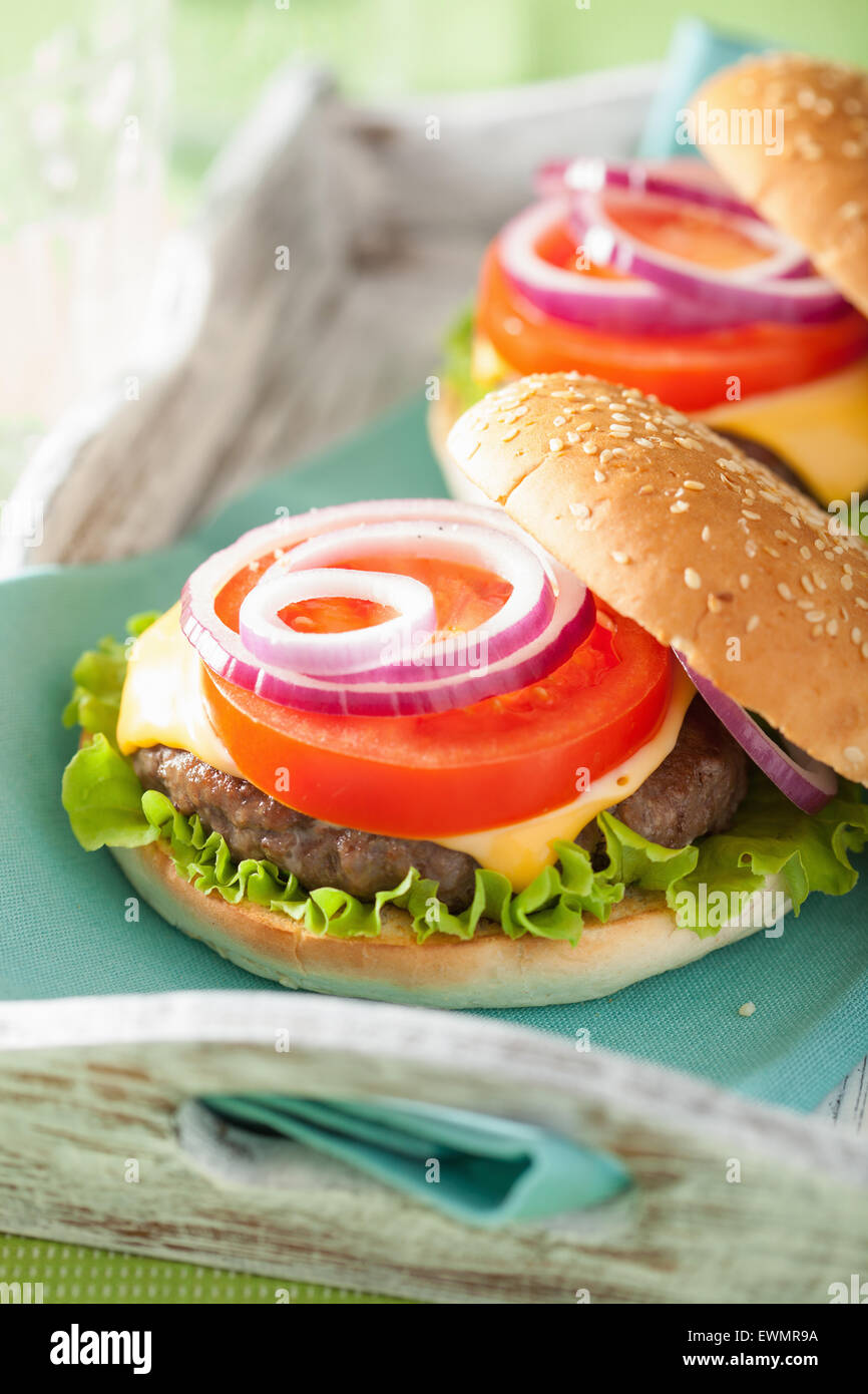 burger with beef patty cheese lettuce onion tomato Stock Photo - Alamy