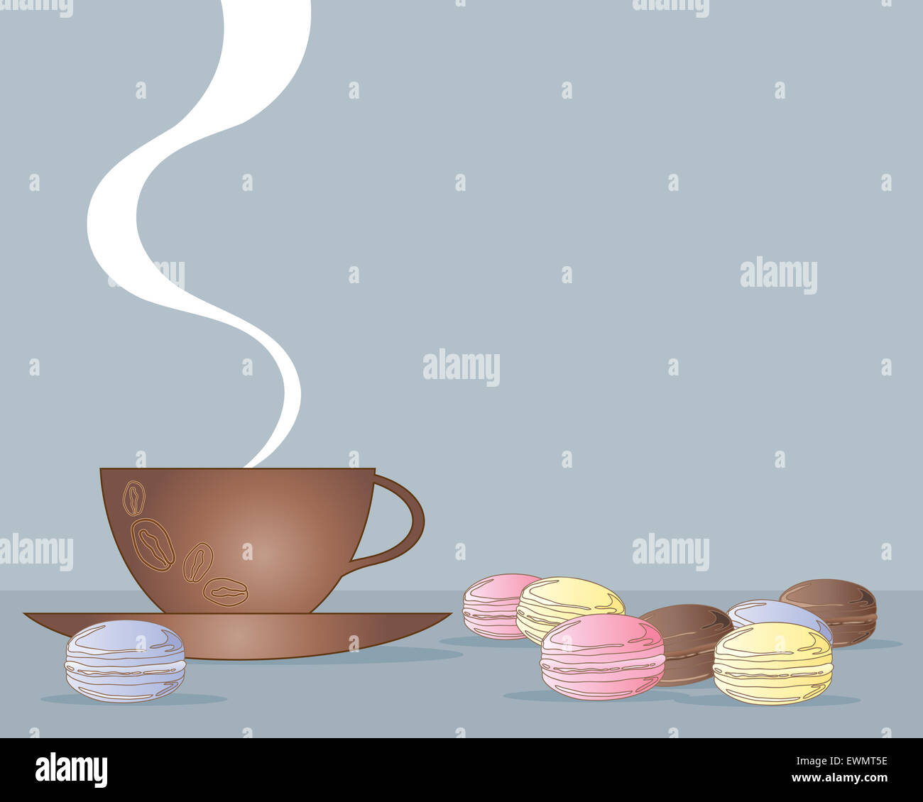 an illustration of a cup of coffee with delicious colorful macaroons on ...