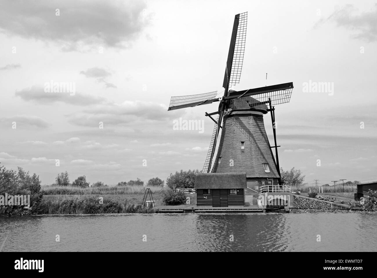 Vintage wooden Windmills in Kinderdijk, Holland / Netherlands Stock ...