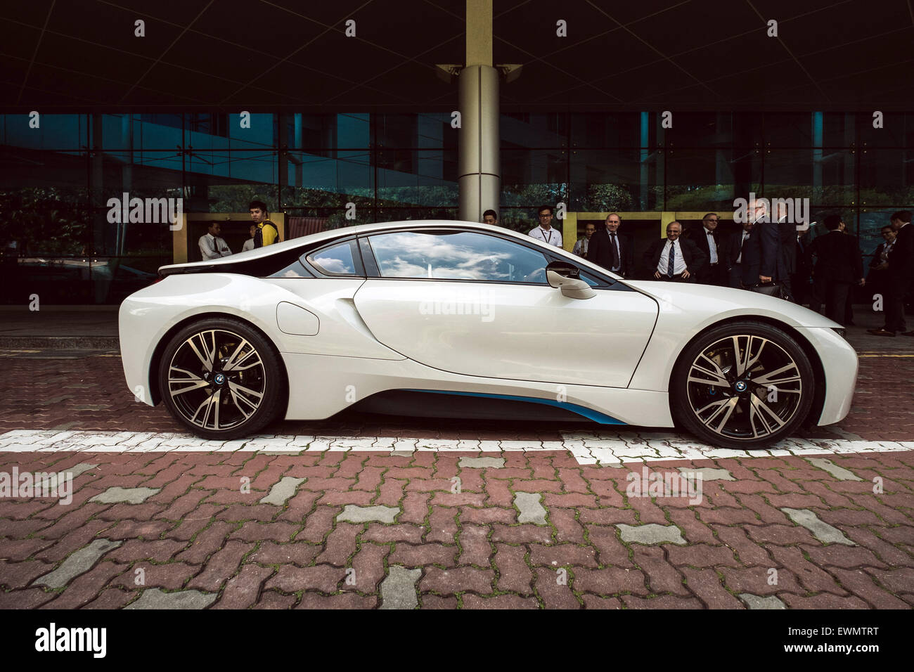The BMW i8 plug-in hybrid sports car is on display at the launch of a ...