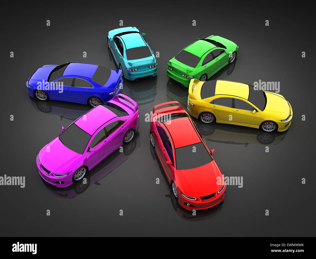 six cars of different colors (done in 3d Stock Photo - Alamy