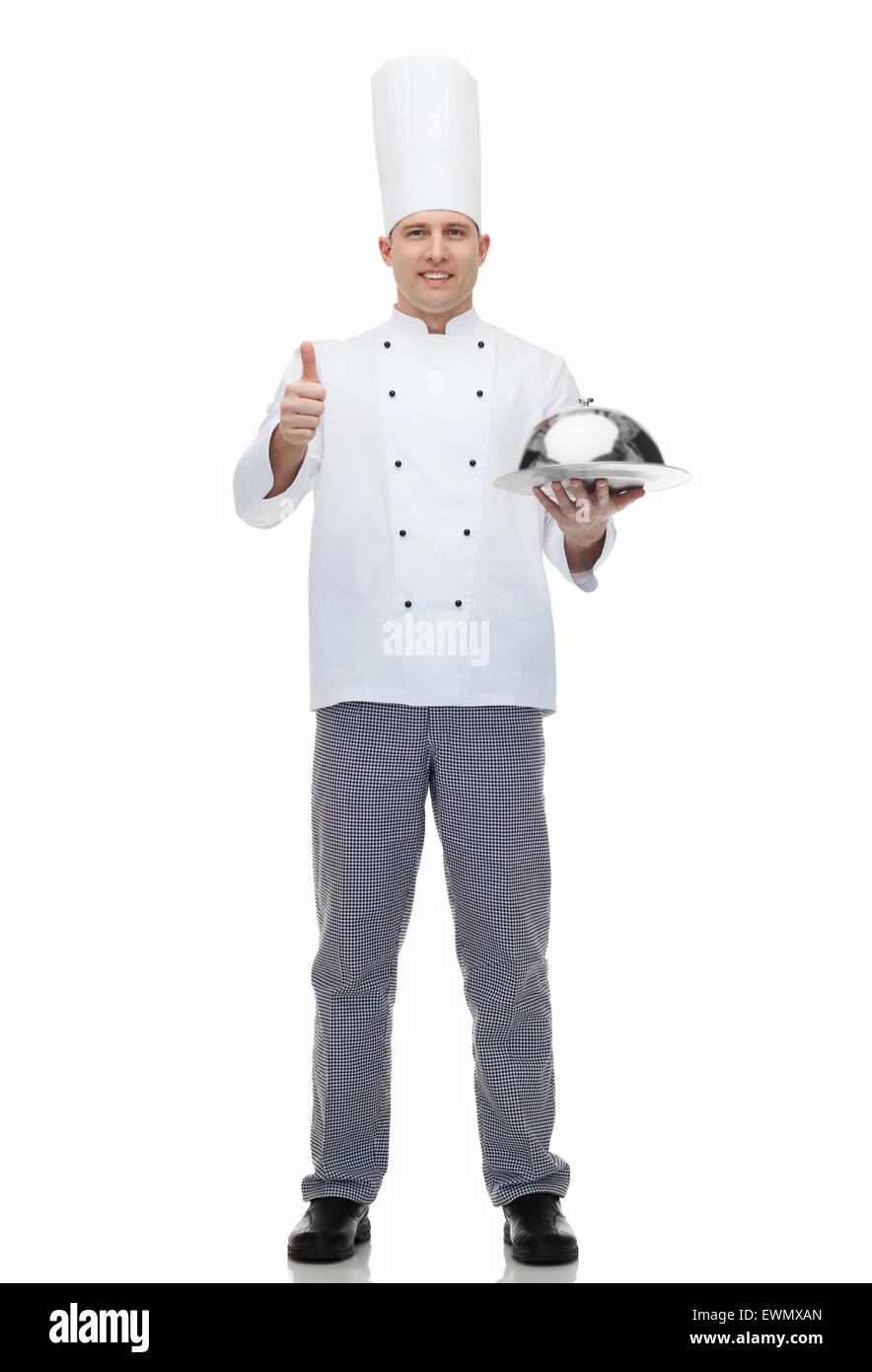 happy male chef cook with cloche showing thumbs up Stock Photo - Alamy