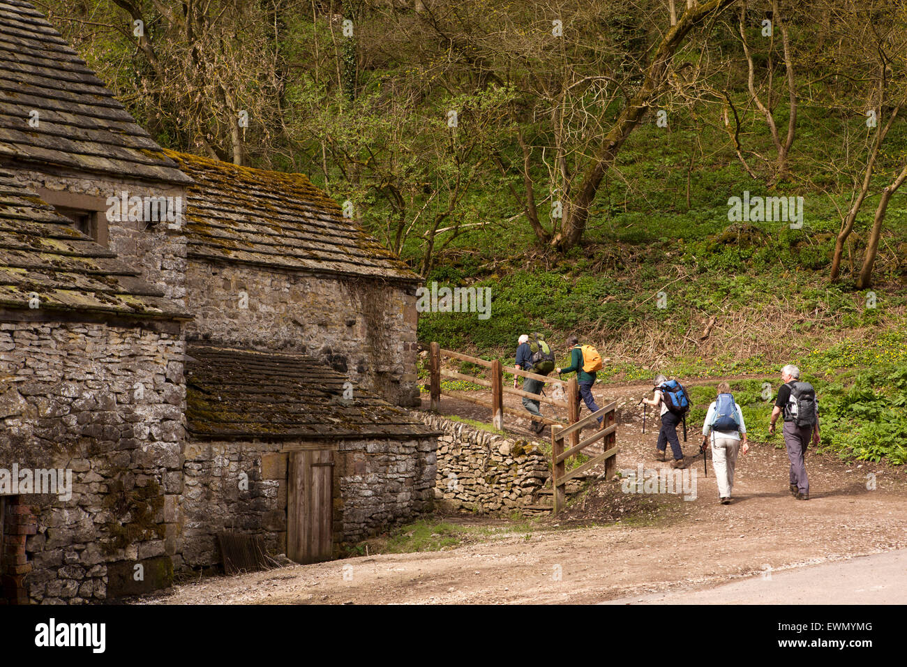 UK, England, Derbyshire, Over Haddon, people, walking through River ...