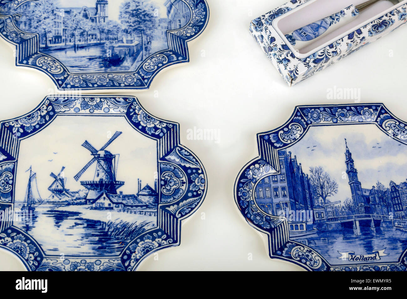 Display of Delft blue plates, decorated with Dutch landscapes of ...