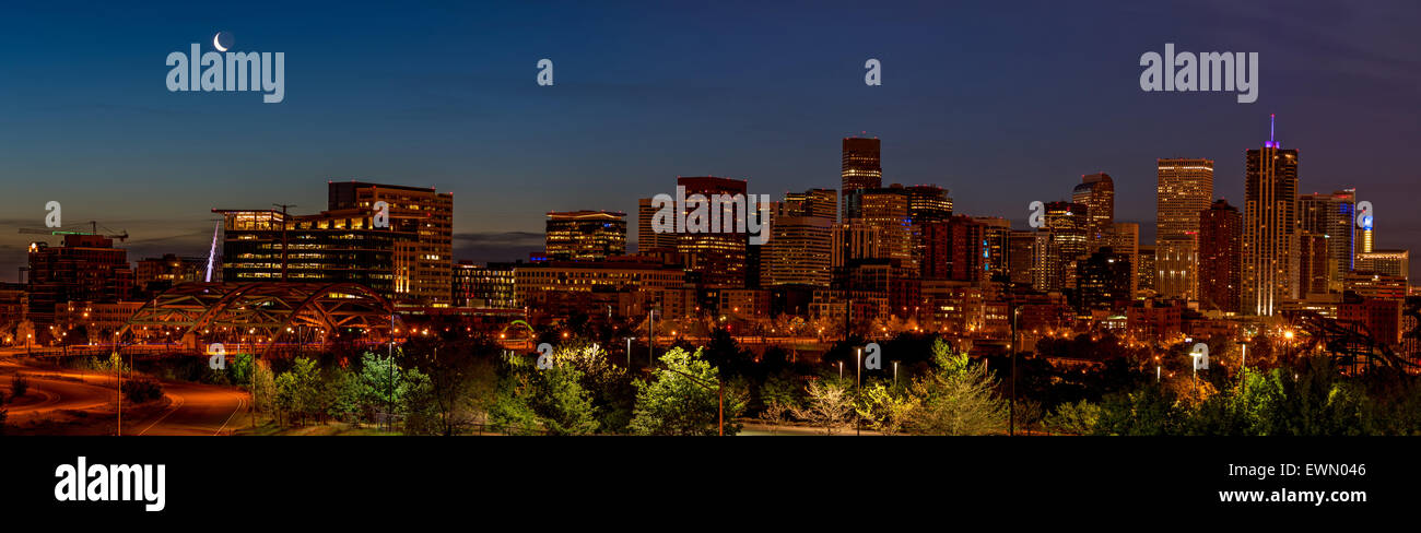 Denver Colorado skyline at night with moon Stock Photo - Alamy