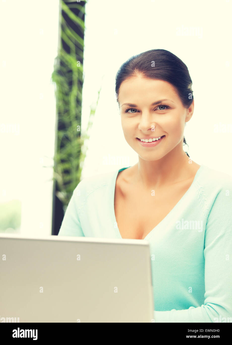 happy woman with laptop computer Stock Photo - Alamy