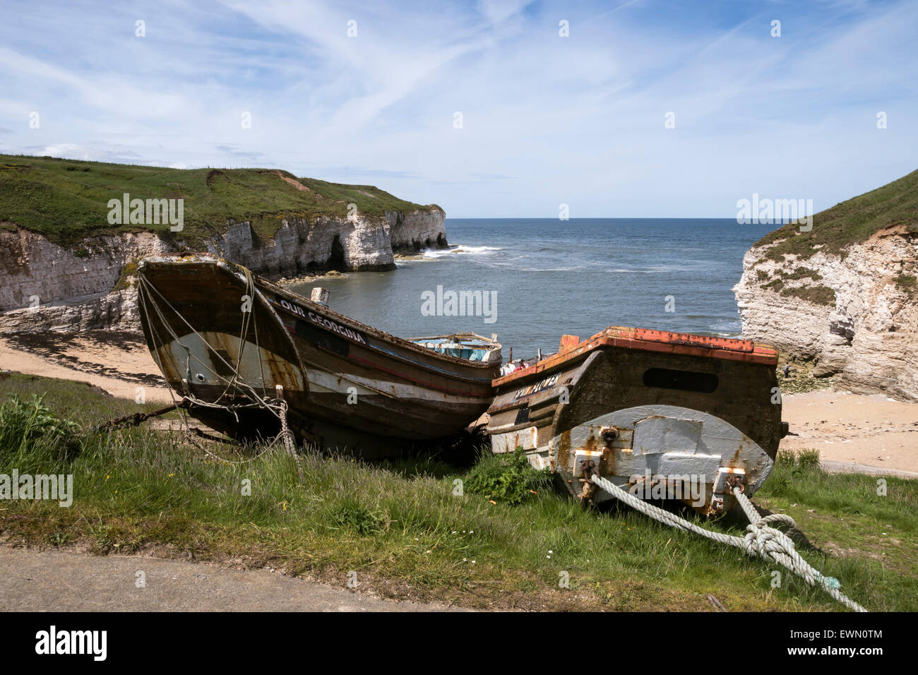 old coble boats at Flamborough North Landing, Yorkshire, UK Stock Photo ...