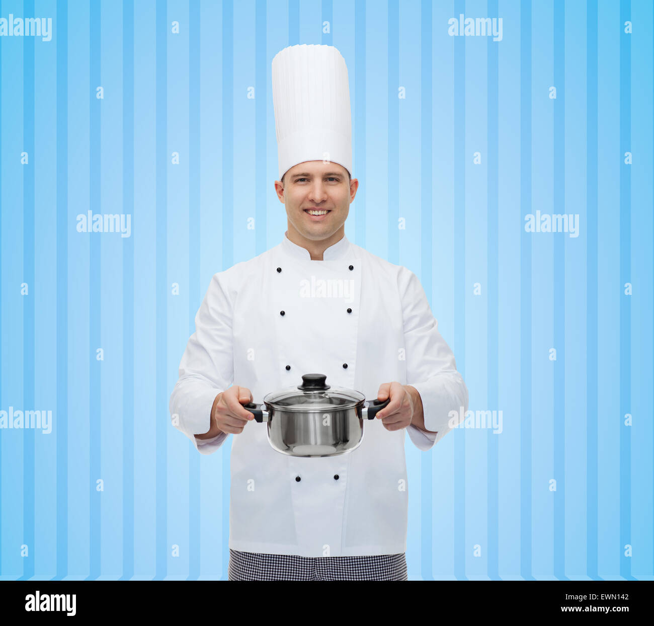 happy male chef cook holding pot Stock Photo - Alamy