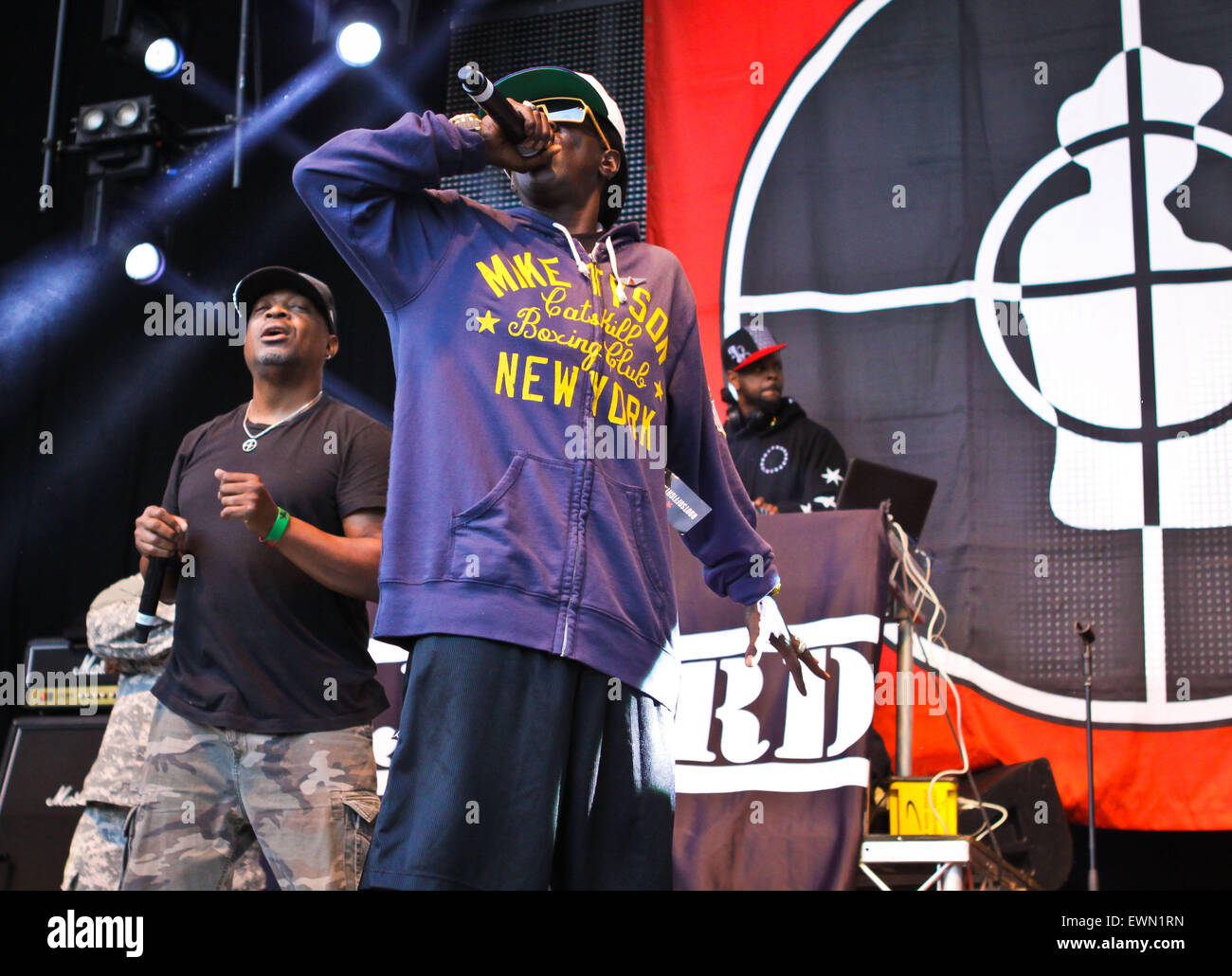 London, UK. 28th June, 2015. Public Enemy ( Chuck D, Flavor Flav, DJ ...
