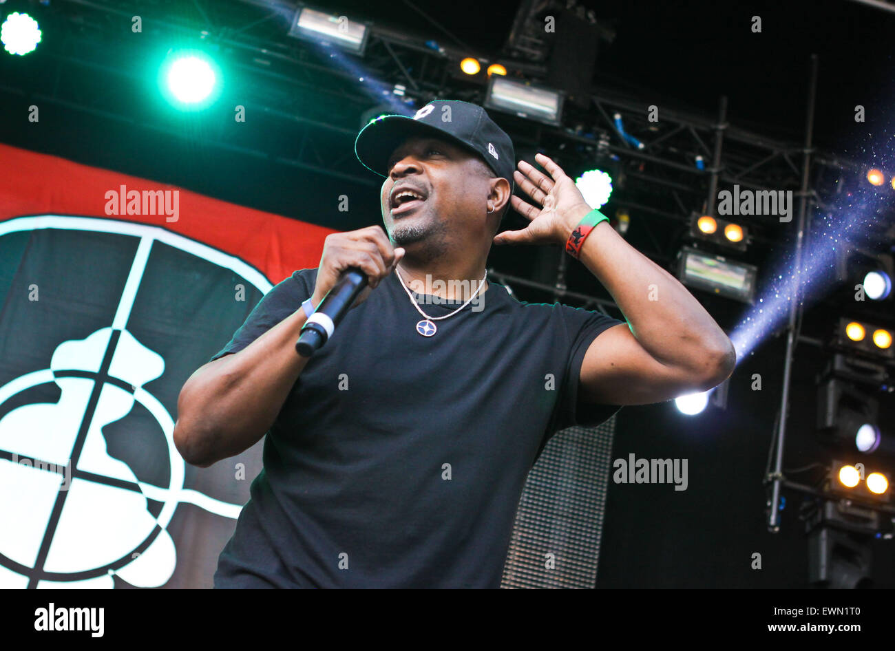 London, UK. 28th June, 2015. Public Enemy ( Chuck D, Flavor Flav, DJ ...