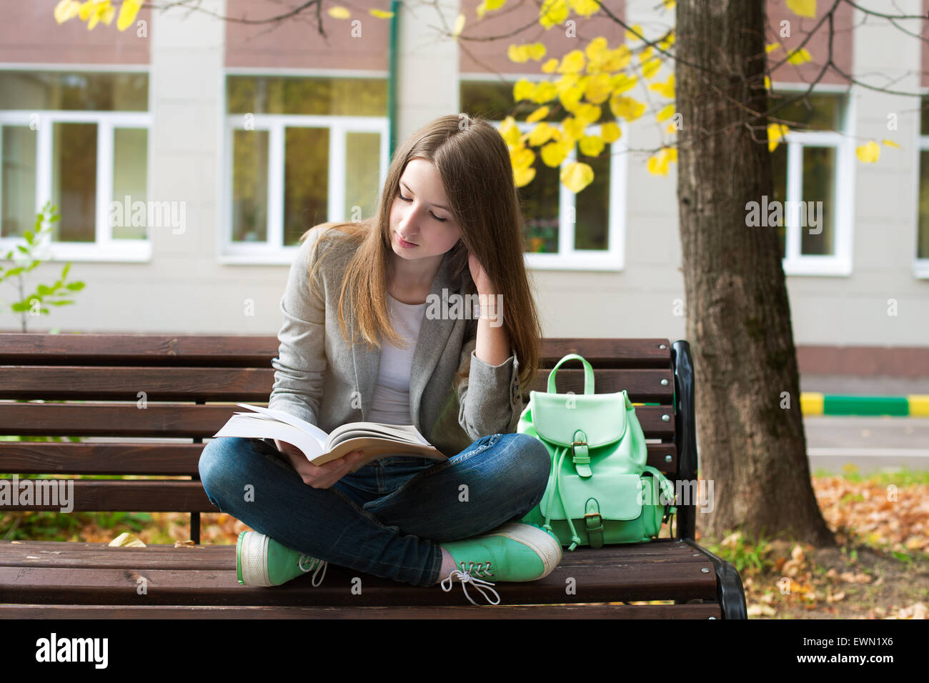 Student sitting on bench and reading book in autumn Stock Photo - Alamy