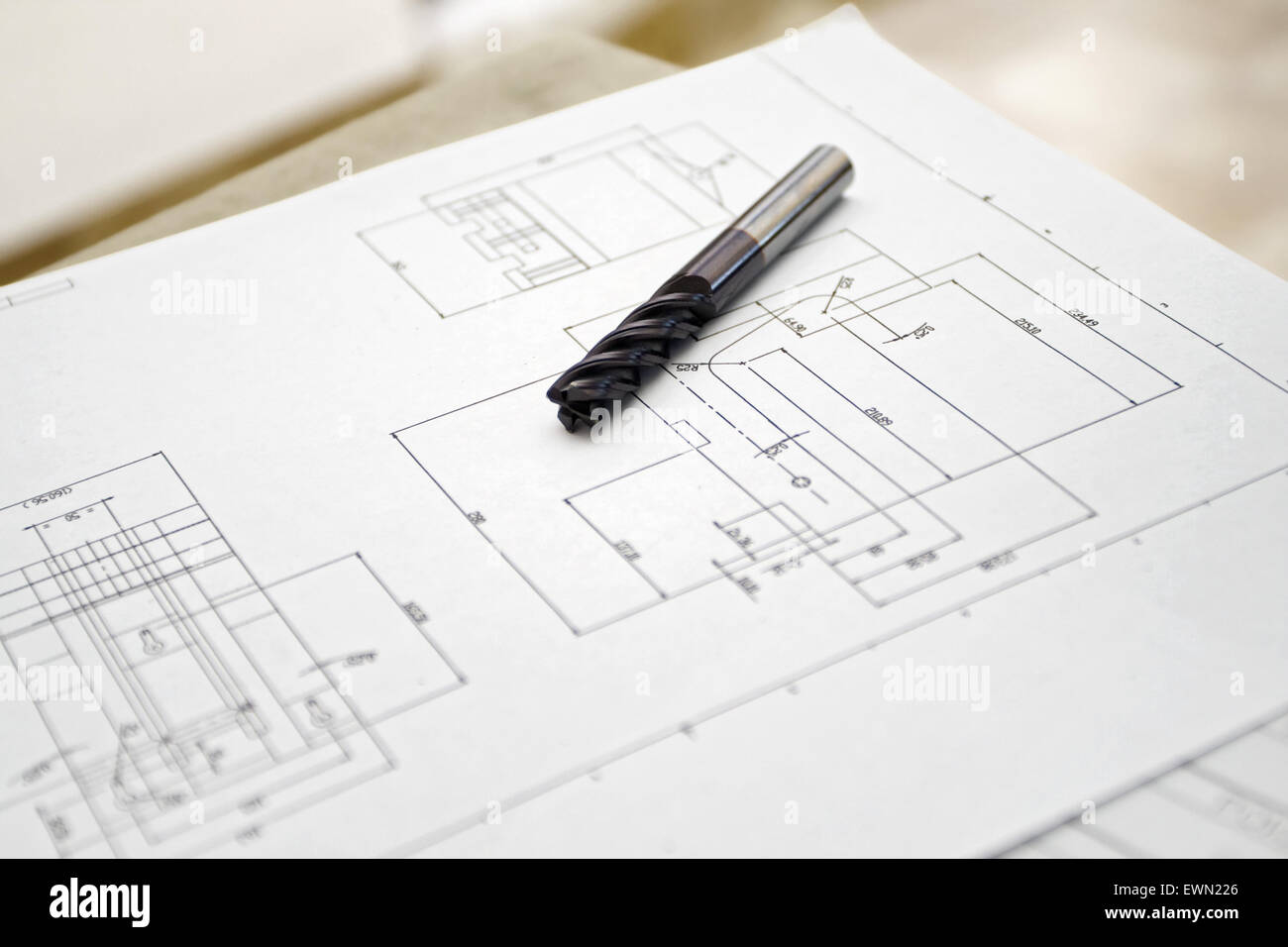 4-flute carbide milling tool on technical sketch Stock Photo - Alamy
