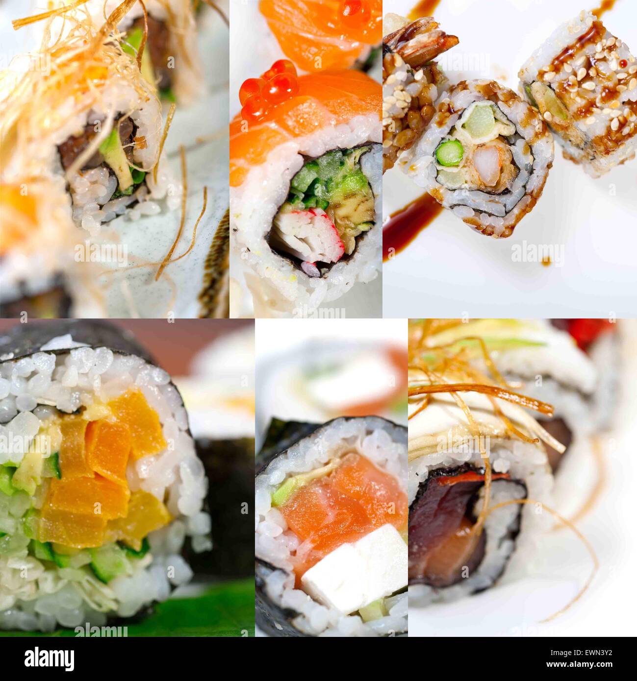selection of many Japanese sushi dish collage over white frame Stock ...