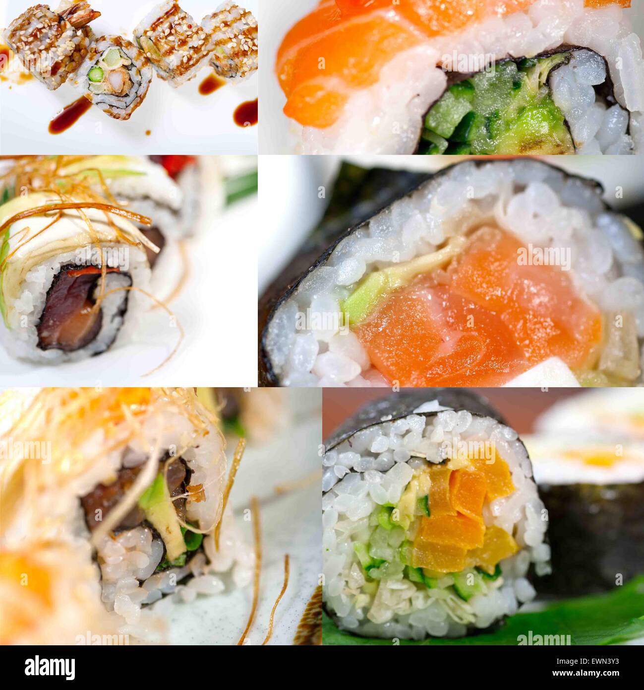 selection of many Japanese sushi dish collage over white frame Stock ...
