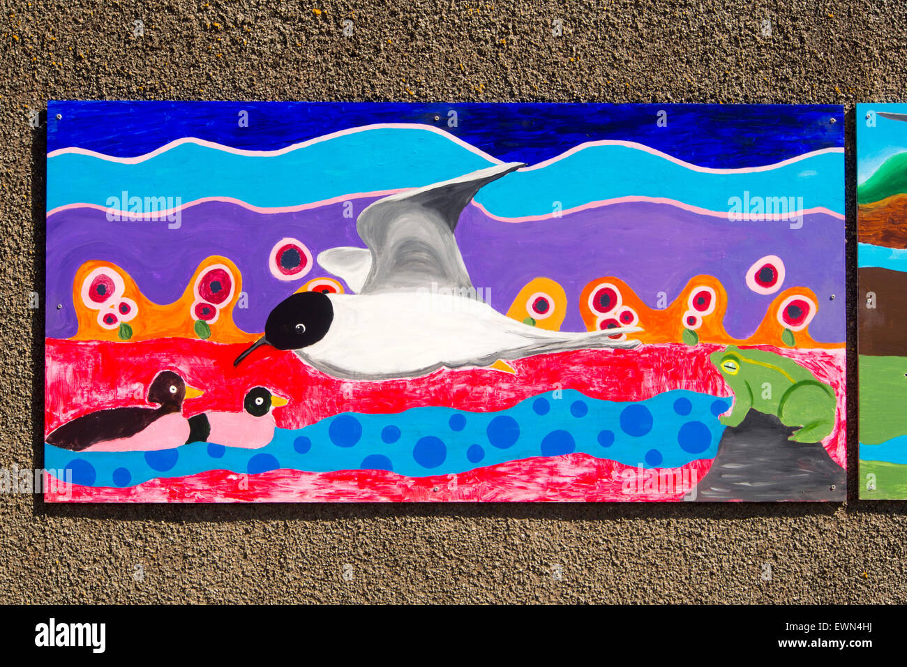 Colourful artwork on a bird hide at Hodbarrow Nature reserve in Millom ...