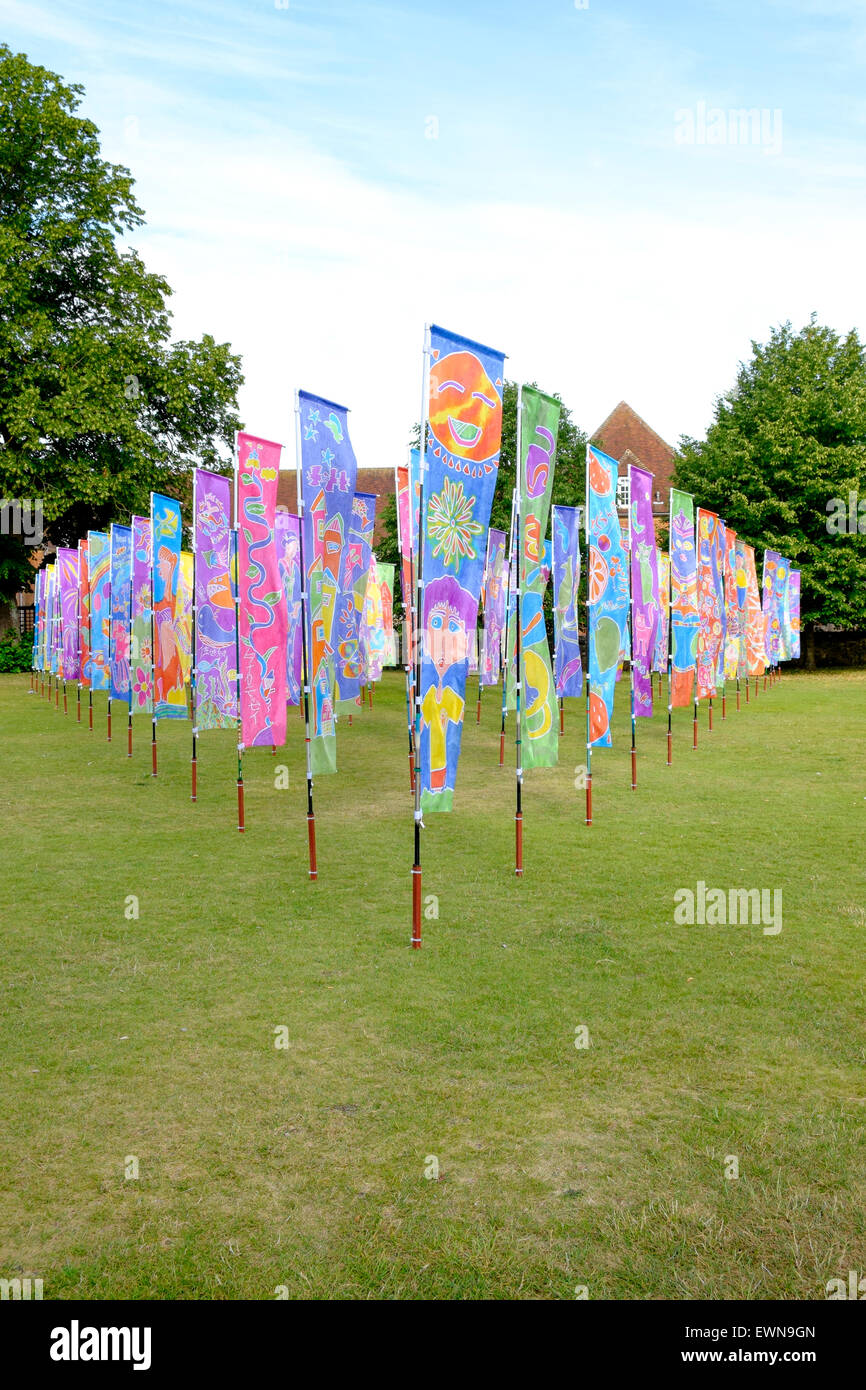 Colourful Batik flag art installation at Salisbury Cathedral Wiltshire ...