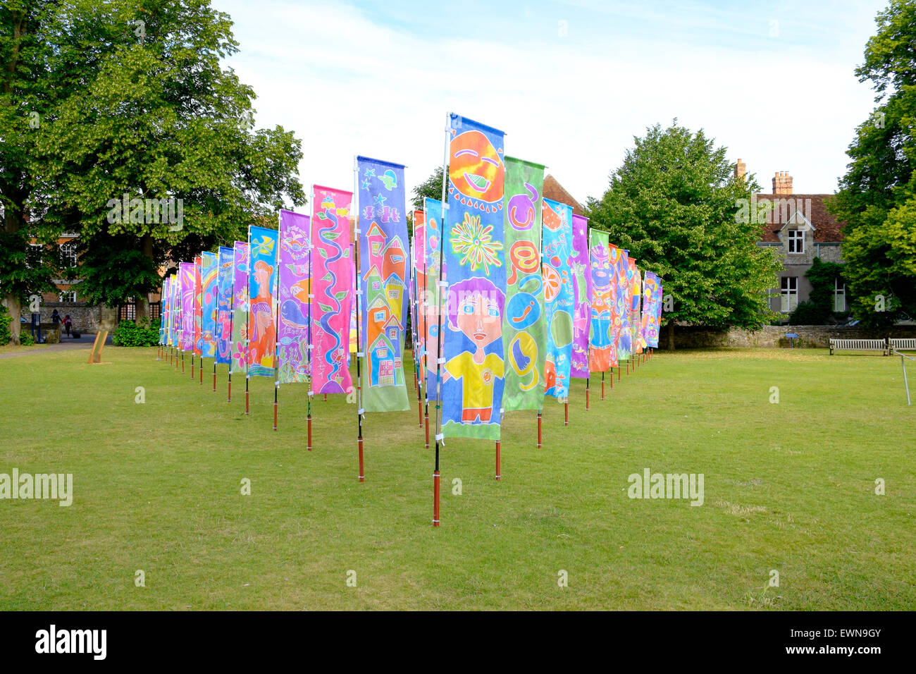 Colourful Batik flag art installation at Salisbury Cathedral Wiltshire ...