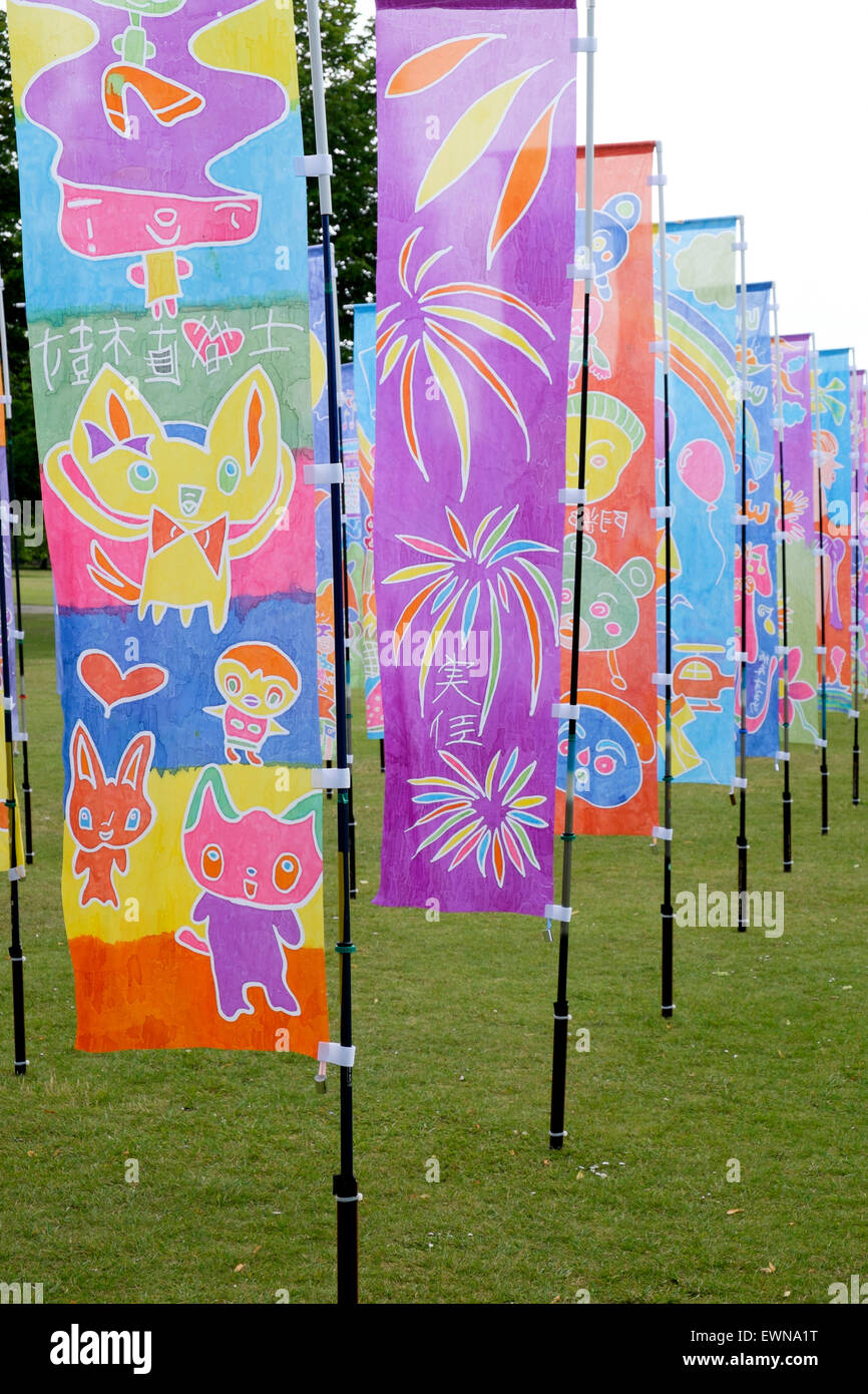 Colourful Batik flag art installation at Salisbury Cathedral Wiltshire ...